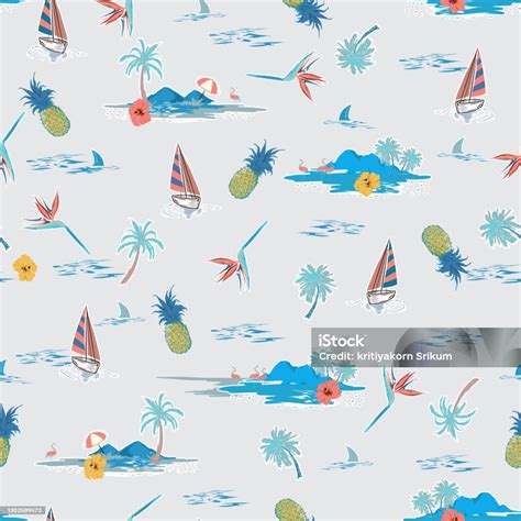 세련된 여름 아름다운 섬 원활한 매끄러운 패턴 야자수 해변 히비스커스 꽃 파인애플 보트 선박 낙원과 바다 벡터 손으로 그린 스타일의 산 새와 풍경 0명에 대한 스톡 벡터