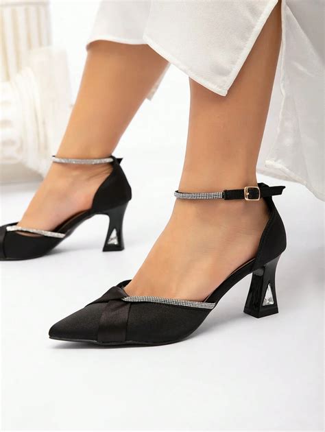 CUCCOO CHICEST Black Pointed Toe Crystal Embellished Thick High Heel Closed Toe Women High Heels