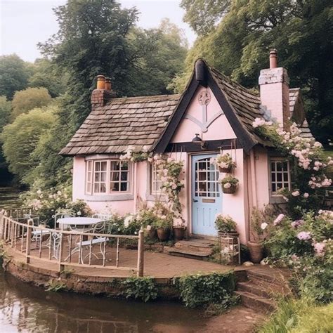 A Pink Cottage With Flowers On The Roof And Windows Next To A Body Of Water