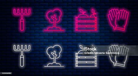 땅에 라인 트리를 설정 과일과 야채나무 상자 정원 갈퀴와 정원 장갑 벽돌 벽에 빛나는 네온 아이콘입니다 벡터 가루로 빻은에 대한 스톡 벡터 아트 및 기타 이미지 Istock