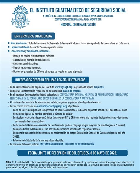 Convocatoria para la plaza de Enfermera Graduada en Hospital de Rehabilitación Noticias IGSS