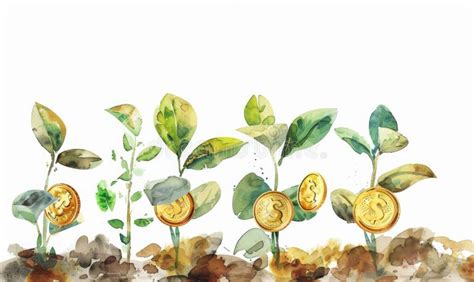 Watercolor Illustration Of Money Coins Growing On A Tree Sprout Stock