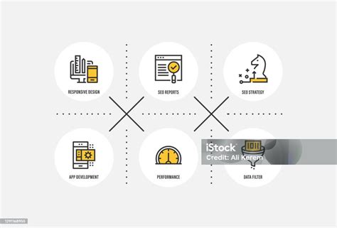 인포그래픽 디자인 템플릿입니다 응답 디자인 Seo 보고서 Seo 전략 앱 개발 성능 6 가지 옵션 또는 단계가있는 데이터 필터 아이콘 웹페이지에 대한 스톡 벡터 아트 및