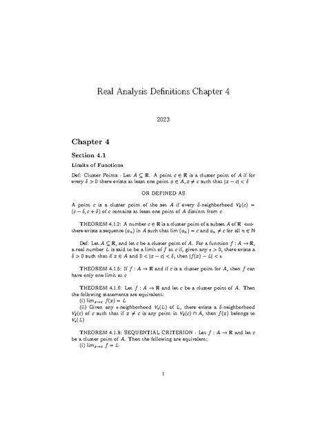 Real Analysis Definitions Chapter 4 Limits Of Functions Def Cluster Points Let A ⊆ R A