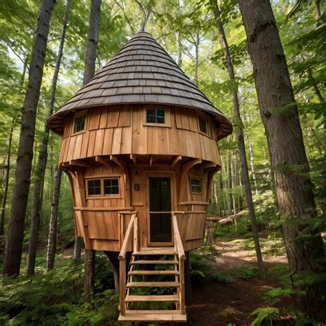 A Cedar Shingles Covered Treehouse In The Woods In New England That Has