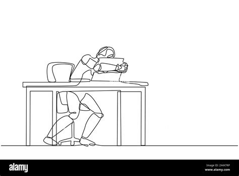 Single Continuous Line Drawing Robot Sitting And Hugging Laptop At