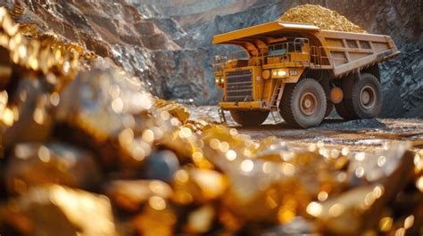 A Large Mining Truck Transports Gold Ore In A Vast Openpit Gold Mine