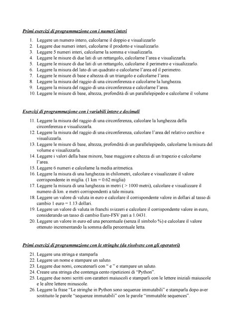 Elenco Esercizi Python Primi Esercizi Di Programmazione Con I Numeri