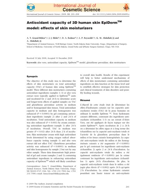 Pdf Antioxidant Capacity Of 3d Human Skin Epiderm Tm Model Effects