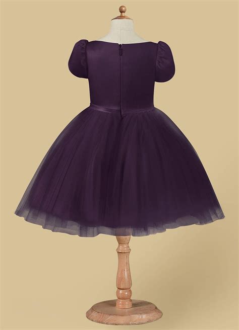 Plum Azazie Malinda Ball Gown Tulle Knee Length Dress With Sleeves Azazie