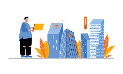 플랫 만화 디자인에서 사람들과 스마트 시티 웹 개념 미래 도시의 무선 인프라 시스템 성능을 모니터링하는 사람 소셜 미디어 배너