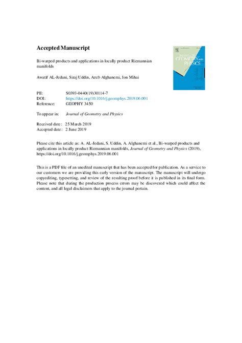 Pdf Bi Warped Products And Applications In Locally Product Riemannian