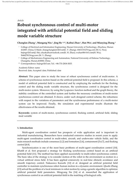 Pdf Robust Synchronous Control Of Multi Motor Integrated With Artificial Potential Field And