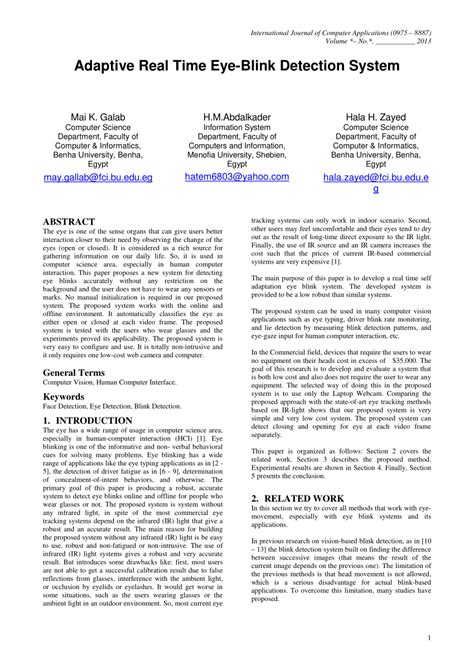 PDF Adaptive Real Time Eye Blink Detection System