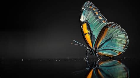 Blue Morpho Butterfly On A Dark Reflective Surface Premium Ai