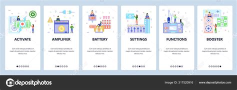 Mobile App Onboarding Screens Portable Gaming Console Battery Audio Amplifier Menu Vector