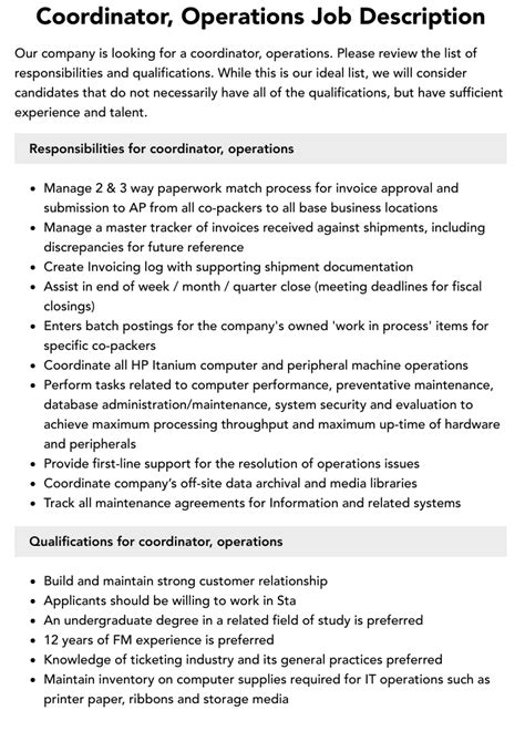 Coordinator Operations Job Description Velvet Jobs Coordinator Operations Job Description Velvet Jobs