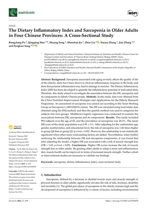 Pdf The Dietary Inflammatory Index And Sarcopenia In Older Adults In Four Chinese Provinces A