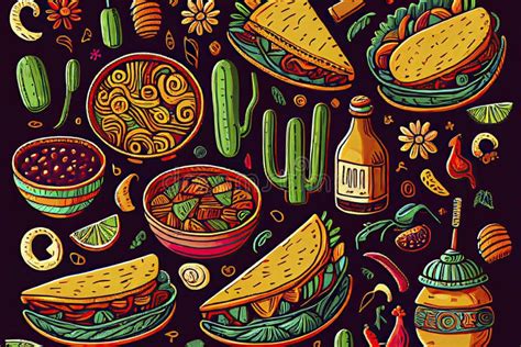 Doodles Dibujados A Mano En Comida Mexicana Patrón Sin Fisuras