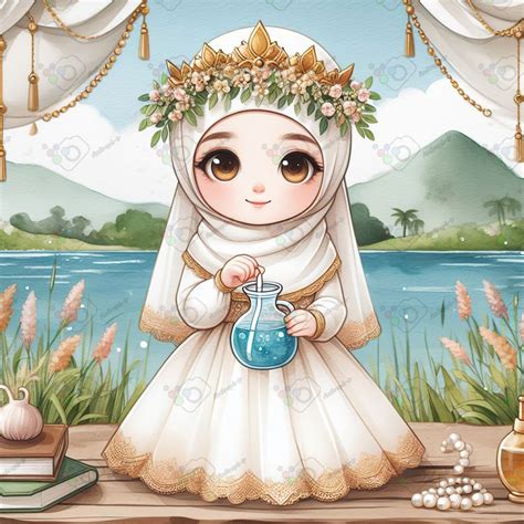 بک گراند کودکانه دختر ناز با حجاب کنار دریاچه با لباس سفید کد 41023