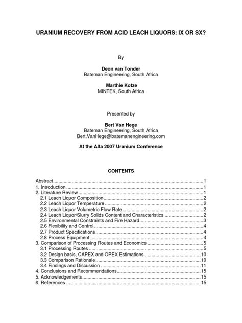 Uranium Recovery From Acid Leach Liquors Pdf Uranium Filtration