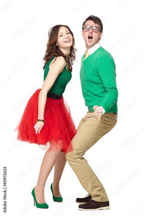 Interracial Weird Nerd Couple Dancing Together Excited Caucasian Young Man Wearing Eyeglasses