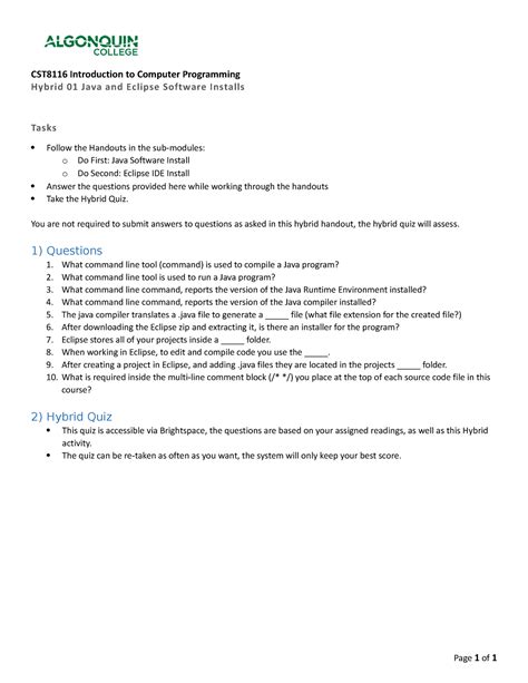 Cst8116 Hybrid 1 Java Eclipse Installs Cst8116 Introduction To