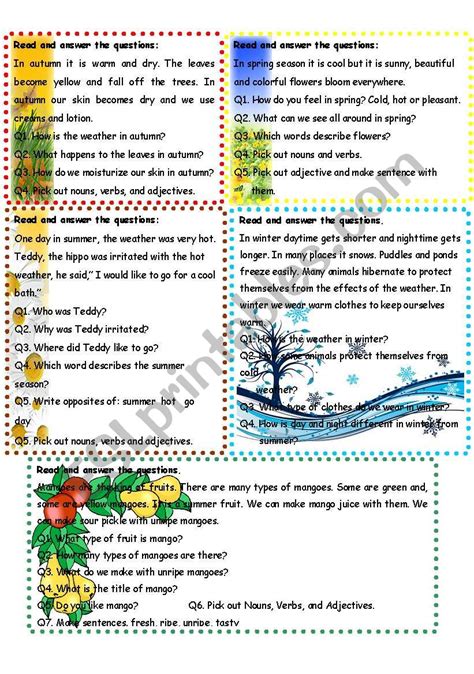 Reading Comprehension Worksheet Four Seasons