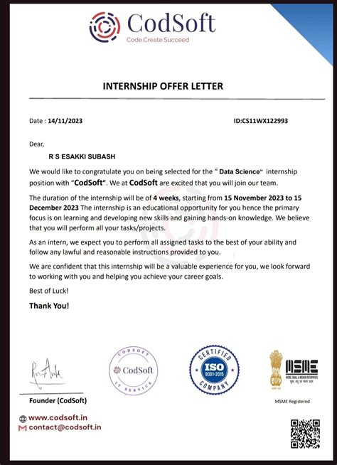 datascience internship codsoft excitedtolearn codsoft esakki subash