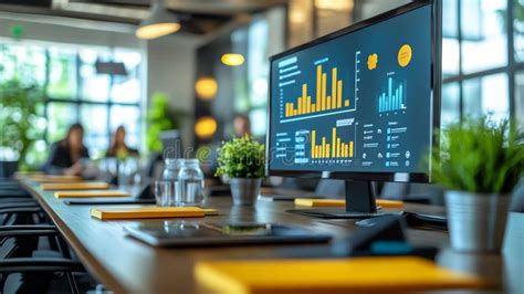 Modern Office Workspace With Data Analysis Displays Plants And