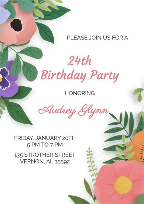 녹색 꽃 생일 파티 무료 성인 생일 초대장 템플릿 Invitanku