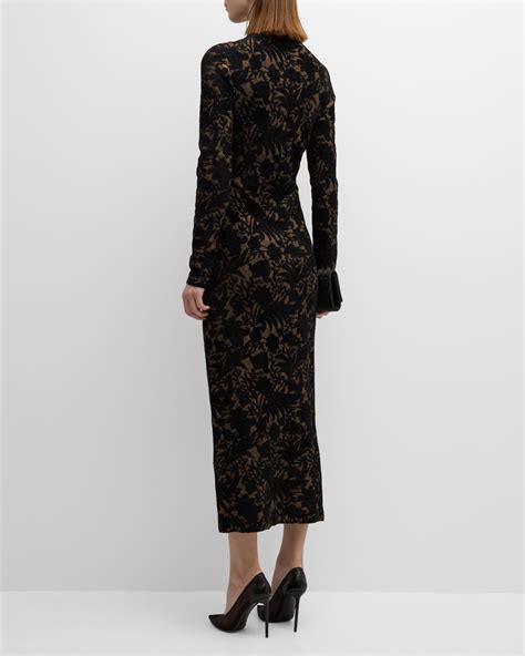 Lela Rose Floral Jacquard Knit Mock Neck Long Sleeve Midi Dress