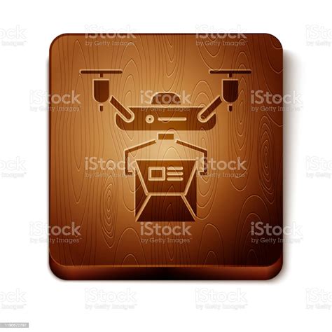 갈색 무인 항공기 배달 개념 아이콘 흰색 배경에 격리 패키지를 운반하는 쿼드로 콥터 운송 물류 개념 나무 사각형 버튼입니다 벡터