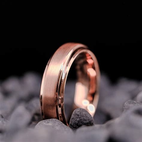 Rose Gold Brushed Tungsten Wedding Band 6mm Beveled Edge Mens And