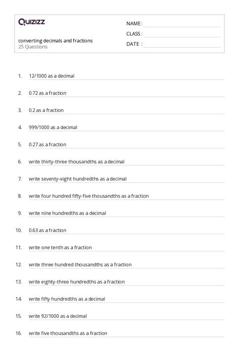 50 Converting Decimals And Fractions Worksheets For 5th Class On