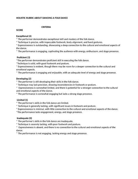 Holistic Rubric Dancing A Folk Dance Holistic Rubric About Dancing A