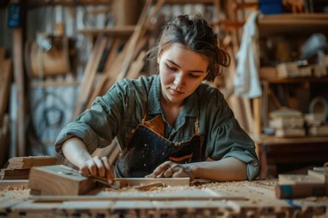 Premium Photo Young Female Carpenter Designs Furniture In Small Workshop