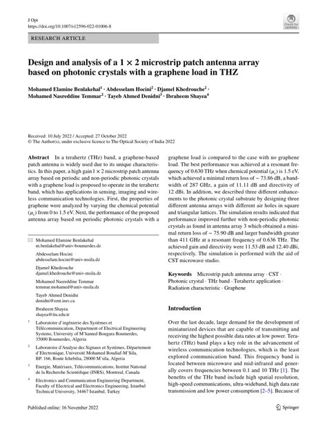 Pdf Design And Analysis Of A 1 × 2 Microstrip Patch Antenna Array Based On Photonic Crystals