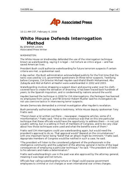 02 06 08 Ap White House Defends Interrogation Method By Jenn Pdf