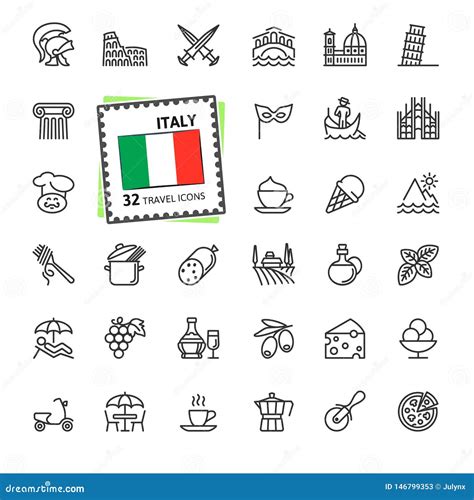 Italy Italian Minimal Thin Line Web Icon Set Outline Icons Collection Stock Vector