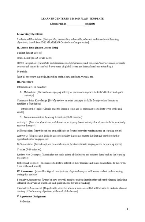 Learner Centered Lesson Plan Template Learner Centered Lesson Plan