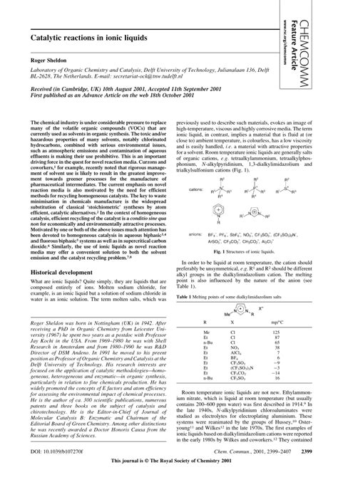 Pdf Catalytic Reactions In Ionic Liquids Chem Commun