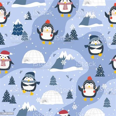 펭귄 배경 겨울 패턴 포장지 겨울 인사말 웹 페이지 배경 크리스마스 및 새해 인사말 카드크리스마스 원활한 패턴 12월에 대한 스톡 벡터 아트 및 기타 이미지 Istock