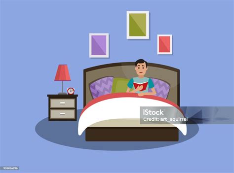 남자는 침대에서 책을 읽고는 침실의 인테리어입니다 벡터 일러스트입니다 디자인에 대한 스톡 벡터 아트 및 기타 이미지 디자인