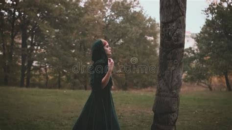 Gothic Video With Noise Fantasy Woman Princess In Green Cloak With