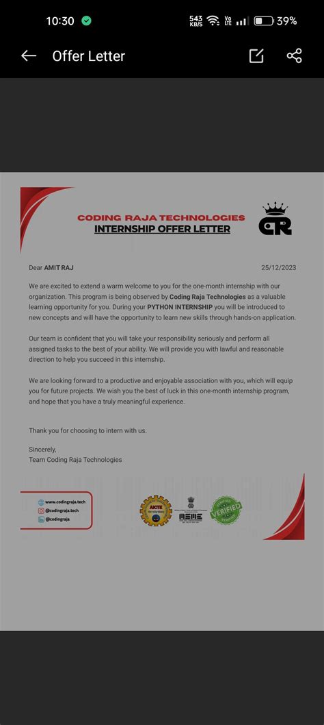 Coding Raja Technologies Excited To Join Internship At Coding Raja Amit Raj