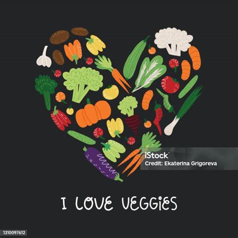 나는 채소 손 글자와 다양한 야채와 채소를 심장 모양으로 좋아합니다 채식주의 자 채식 배너 카드 디자인 어두운 배경에 벡터 만화 그림 Friendly Match에 대한 스톡