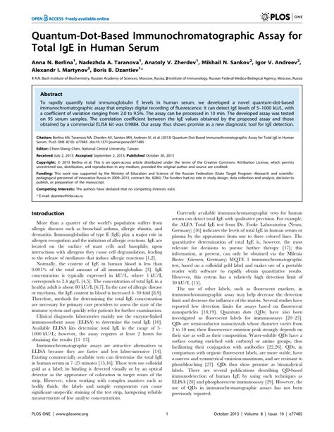 Pdf Quantum Dot Based Immunochromatographic Assay For Total Ige In Human Serum