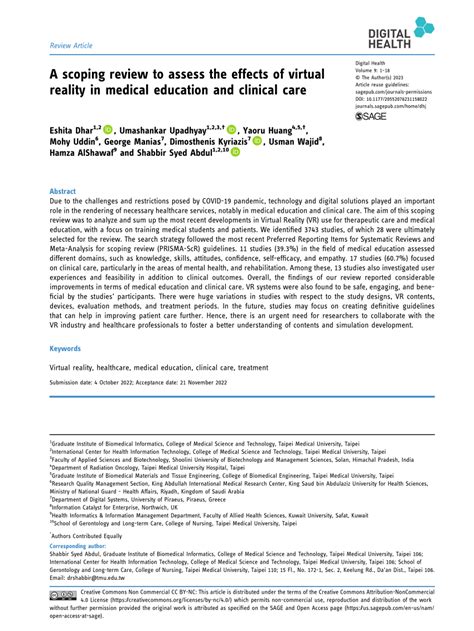 Pdf A Scoping Review To Assess The Effects Of Virtual Reality In Medical Education And