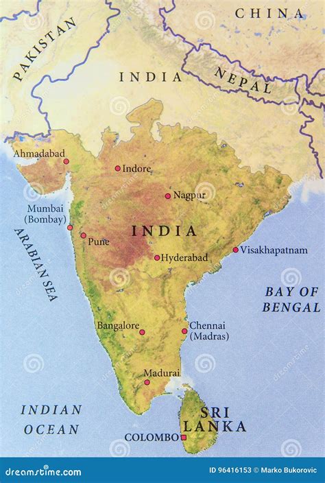 Geographische Karte Von Indien Mit Wichtigen Städten Stockbild Bild